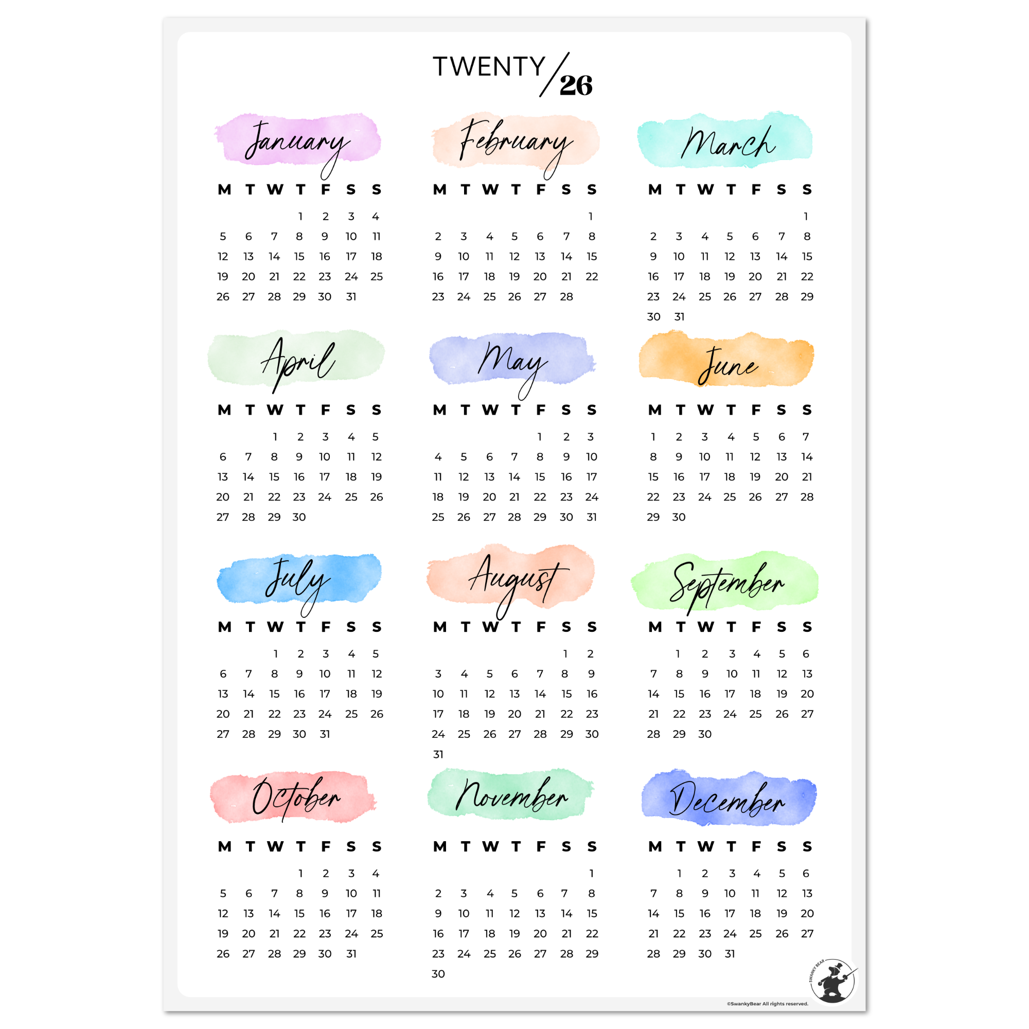 2026 Watercolour Full Year Calendar A3 - SwankyBear
